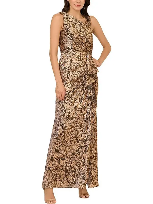 Adrianna Papell Metallic Crinkled Textured Gown - Chocolate
