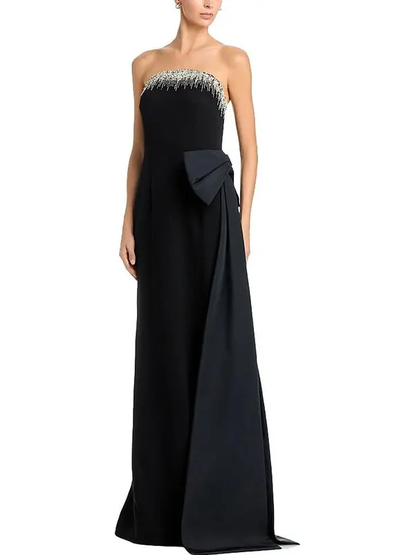 Rickie Freeman For Teri Jon Beaded Crepe Side Bow Strapless Gown - Black