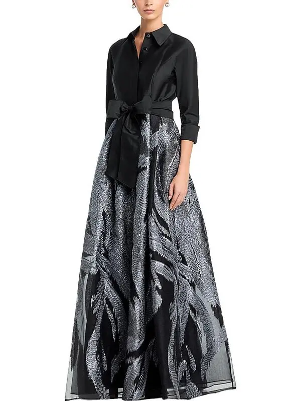 Rickie Freeman For Teri Jon Taffeta & Metallic Organza Shirtwaist Gown - Black Pew