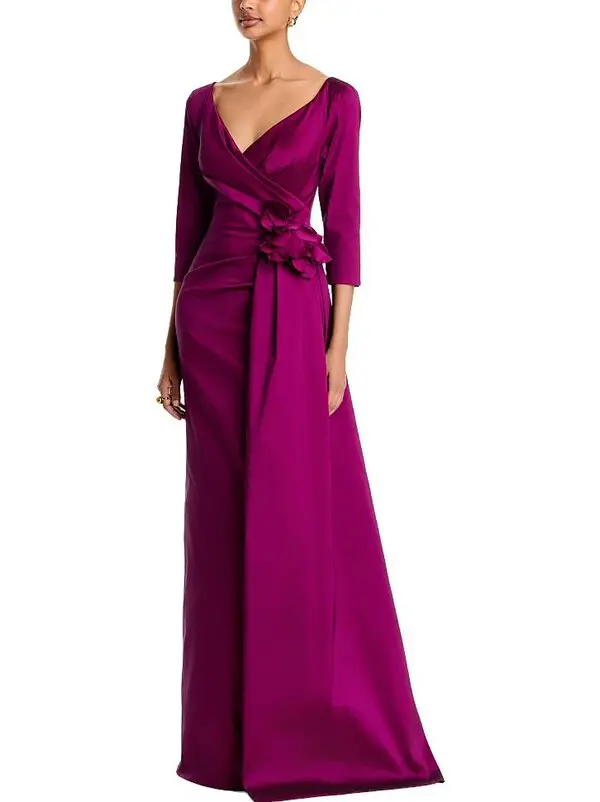 Rickie Freeman For Teri Jon Taffeta Floral Applique Draped Gown - Berry