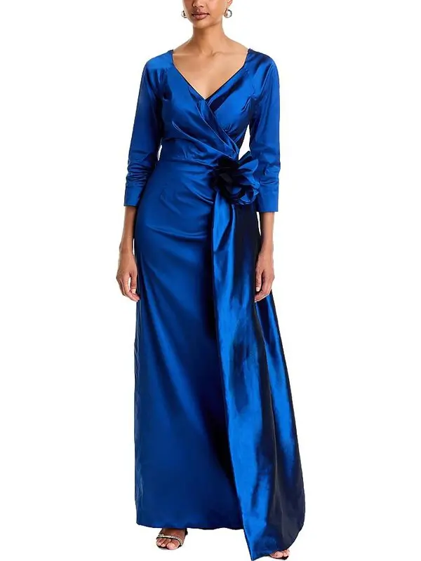 Rickie Freeman For Teri Jon Taffeta Floral Applique Draped Gown - Sapphire
