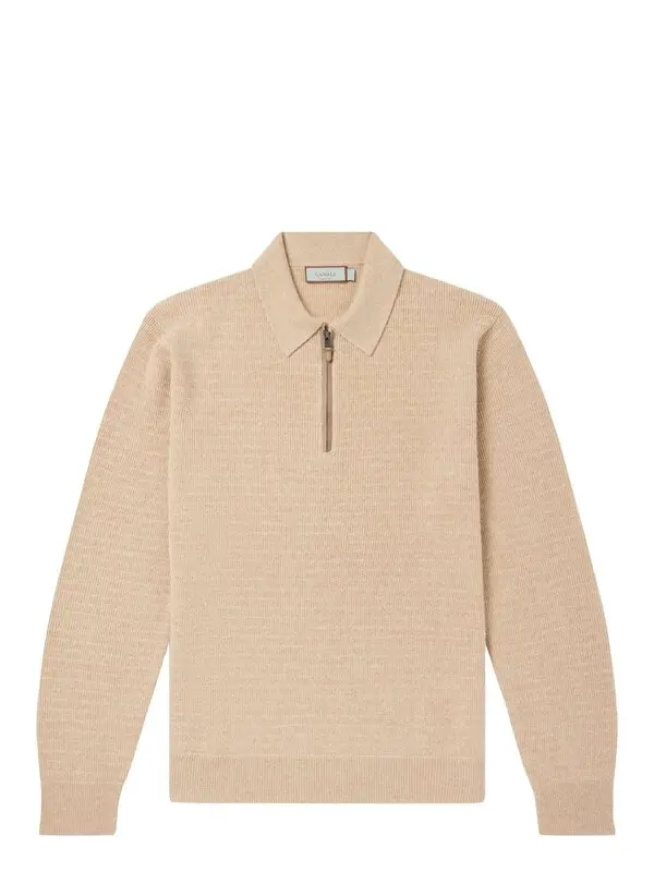 Canali Mock-rib Wool And Cashmere-blend Half-zip Polo Shirt - Beige