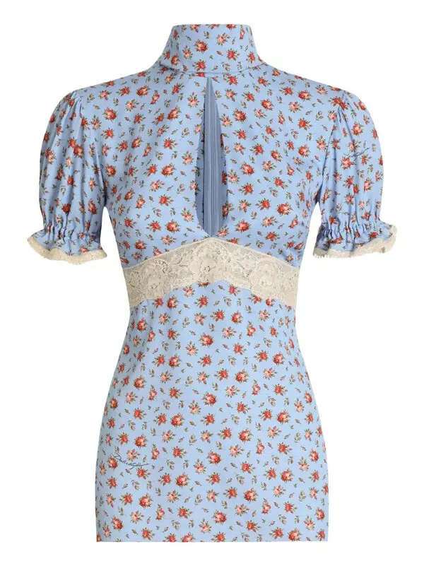 Dolce & Gabbana Dolce Gabbana Small Rose-printed Charmeuse Top - Blue