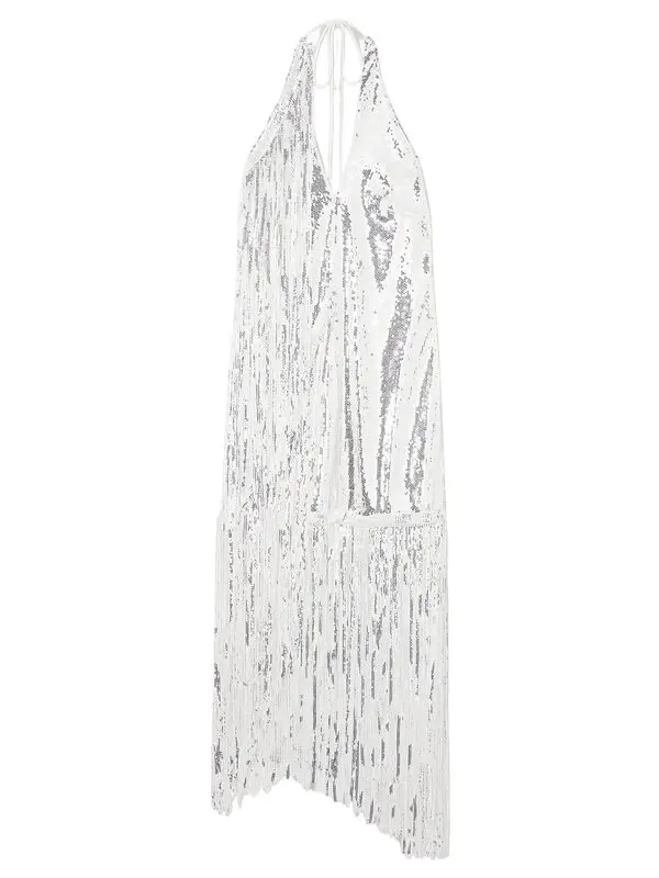 ROTATE BY BIRGER CHRISTENSEN Ribbon Sequined Crepe Chiffon Neckline Mini Dress - White