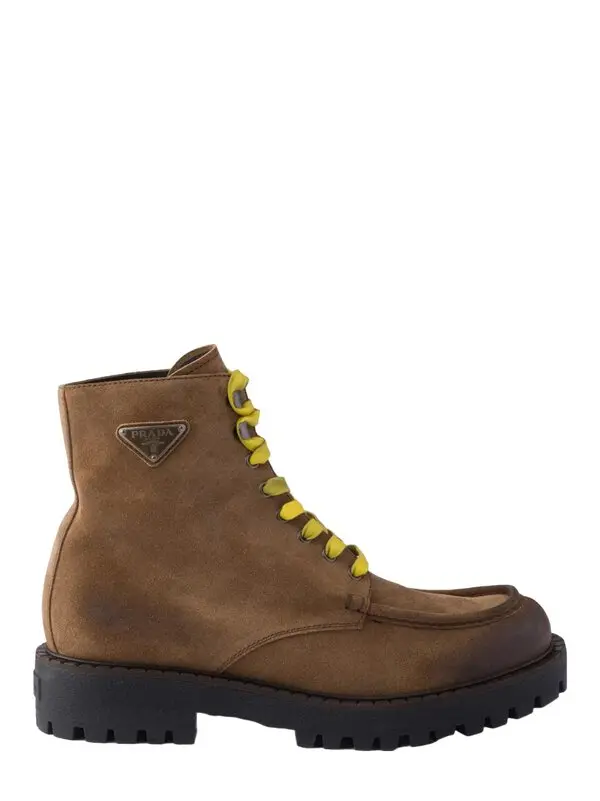 Prada Aged Suede Lace-up Ankle Boots - Light Brown