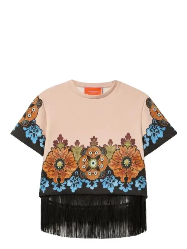 La DoubleJ Floral-print Fringe T-shirt - Nude