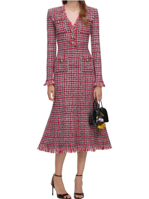 SELF-PORTRAIT Check Frayed Knit Midi Dress - Red
