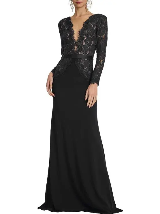Tadashi Shoji Lace Long Sleeve Cotton Blend Gown - Black/nude