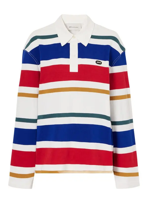 AMI Paris Logo-appliquéd Striped Cotton-jersey Polo Shirt - Multi