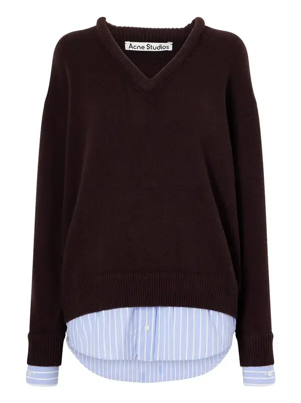 Acne Studios Layered Striped Poplin-trimmed Wool Sweater - Brown