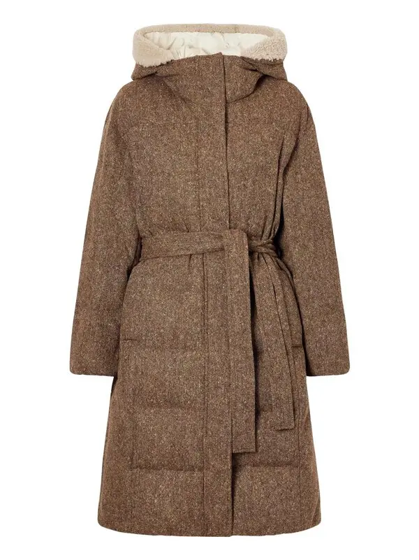 Brunello Cucinelli Hooded Belted Padded Quilted Shearling-trimmed Wool-blend Down Jacket - Brown