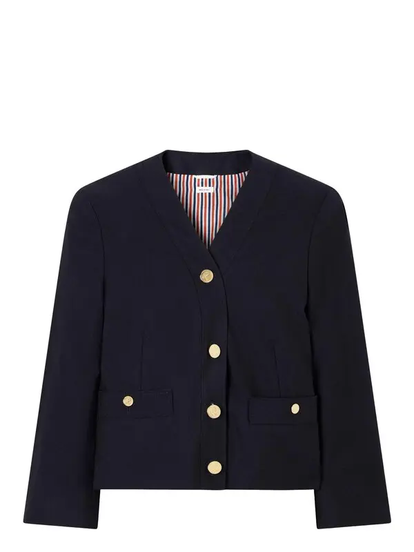 Thom Browne Cropped Virgin Wool-hopsack Jacket - Navy