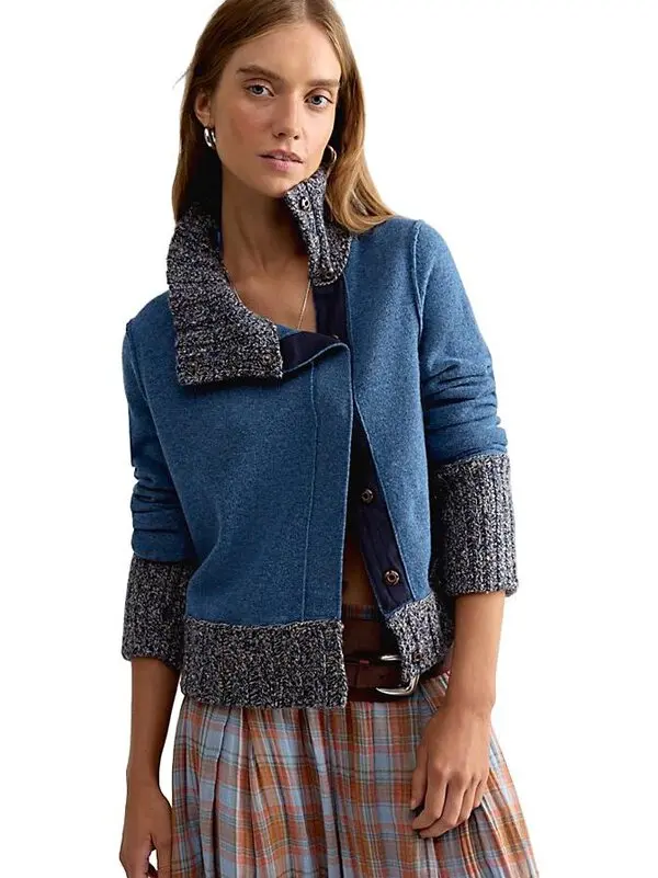Free People We The Free Off Kilt Funnel-neck Wool Cardigen - Blue Flight Combo