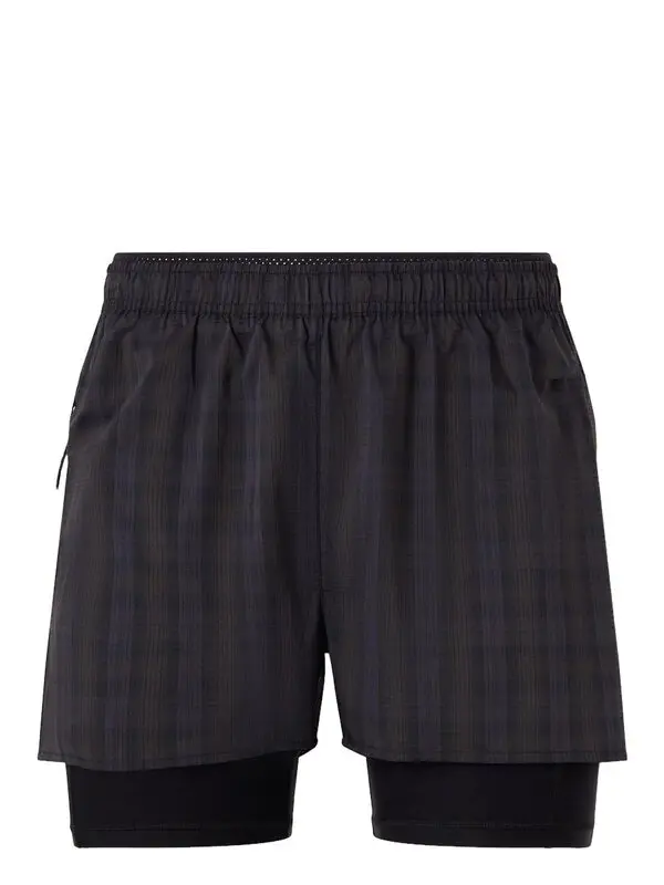 Literary Sport Myles Layered Checked Shell And Stretch-jersey Running Shorts - Brown
