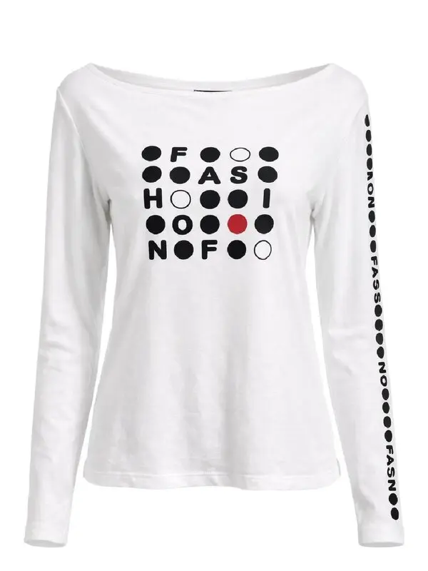 CONQUISTA Graphic Long-sleeve Cotton Top With Boat Neck - White