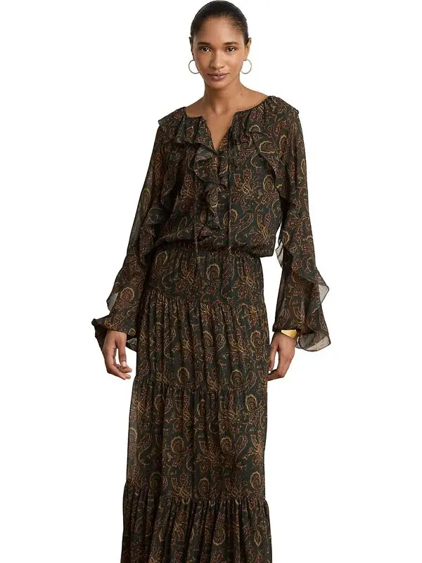 Ralph Lauren Paisley Ruffle-trim Georgette Maxidress - Green Multi