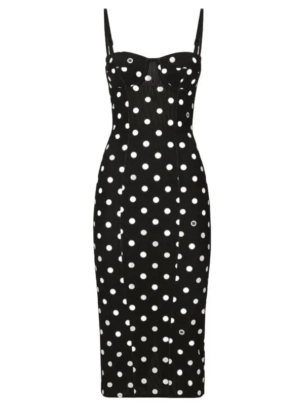 Dolce & Gabbana Dolce Gabbana Polka Dot Printed Sweetheart Neck Midi Dress - Black