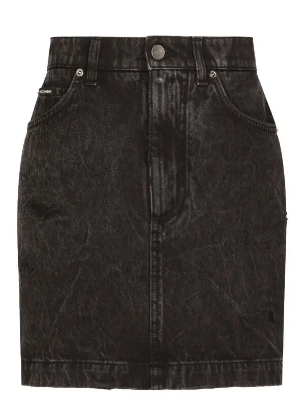 Dolce & Gabbana Dolce Gabbana Logo Patch Washed Denim Mini Skirt - Black