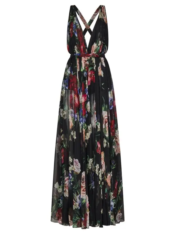 Dolce & Gabbana Dolce Gabbana Floral Printed Crossed Strap Midi Dress - Black