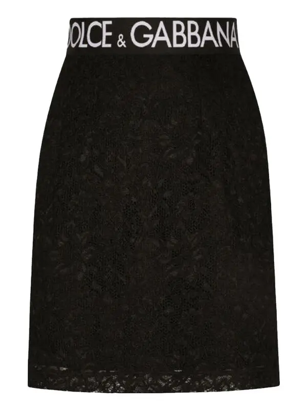 Dolce & Gabbana Dolce Gabbana Branded Waistband Mini Lace Skirt - Black