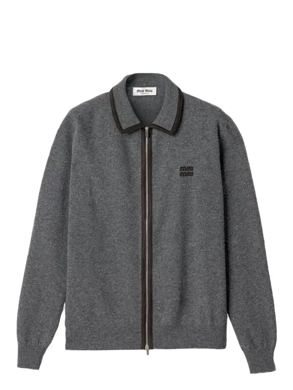 Miu Miu Wool And Cashmere Cardigan With Suede Details - Slate Ash