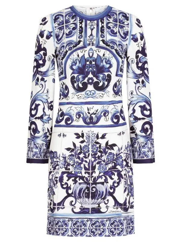 Dolce & Gabbana Dolce Gabbana Majolica-printed Crewneck Mini Dress - White