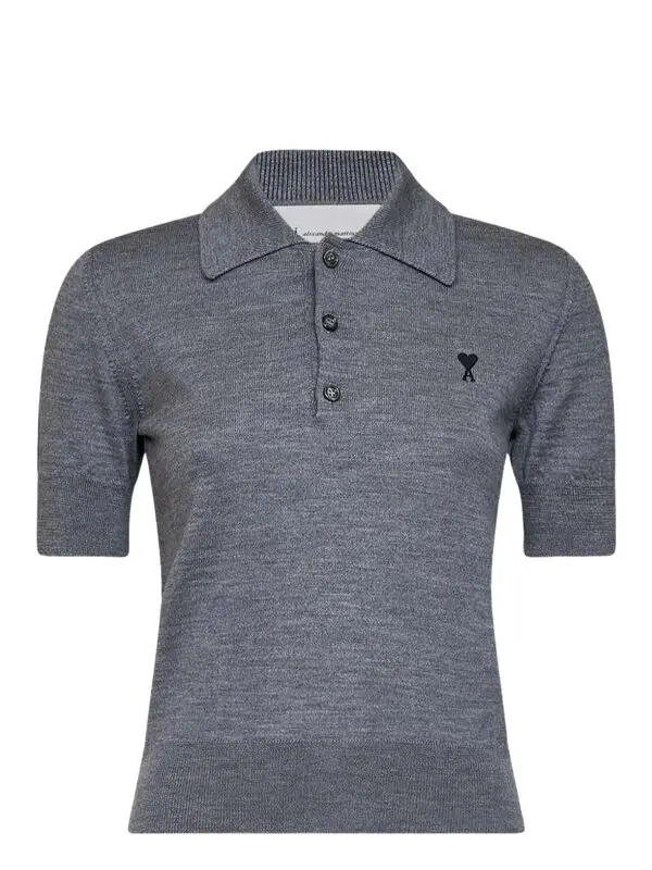 AMI Paris De Coeur Short-sleeved Knitted Polo Shirt - Grey