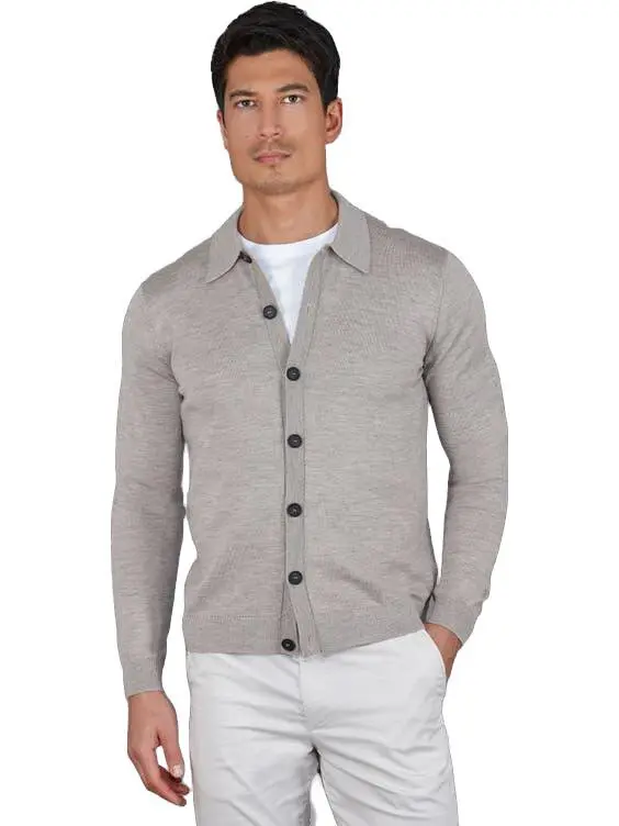 PAUL JAMES Extra Fine Merino Wool Polo Cardigan - Barley