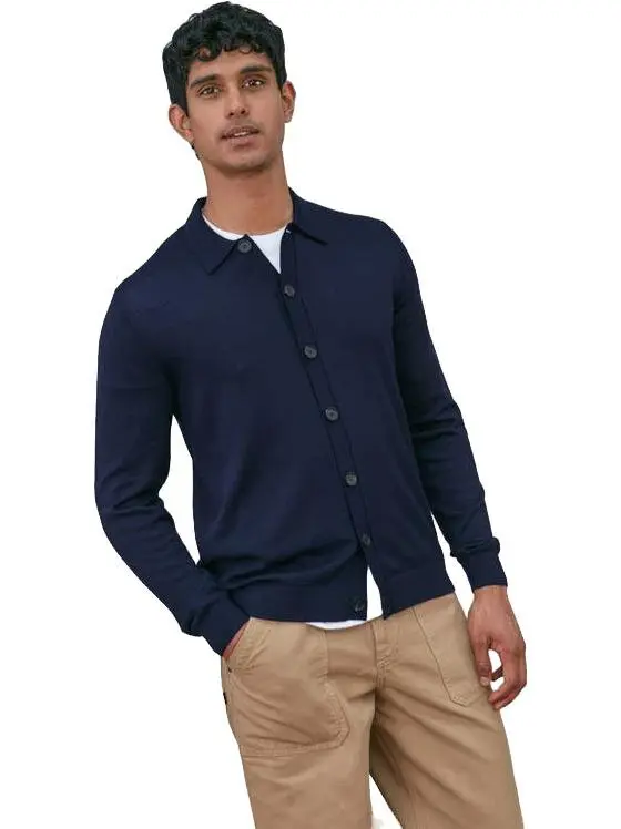 PAUL JAMES Extra Fine Merino Wool Polo Cardigan - Navy