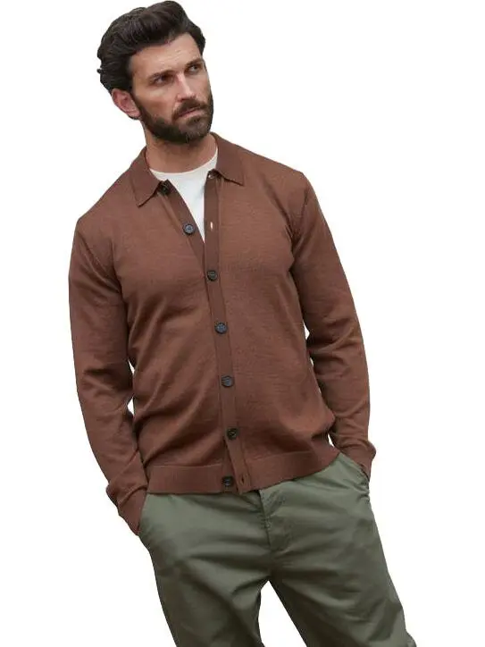 PAUL JAMES Extra Fine Merino Wool Polo Cardigan - Oakbrown