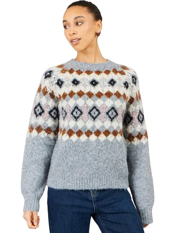YUMI Fairisle Wool Blend Relaxed Jumper - Grey