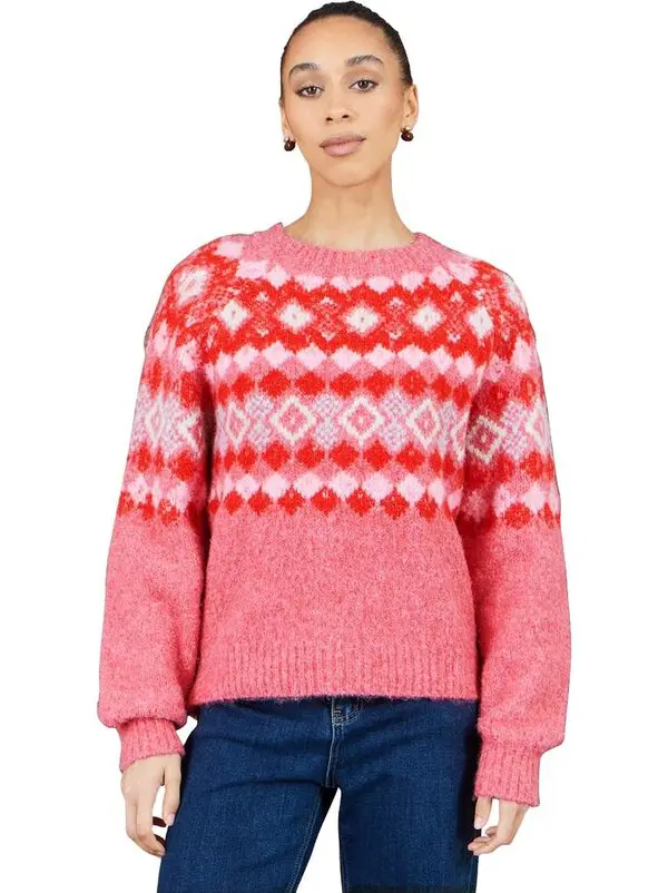 YUMI Fairisle Wool Blend Relaxed Jumper - Red