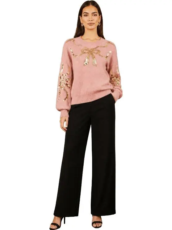 YUMI Sequinned Bow Neckline Jumper - Blush