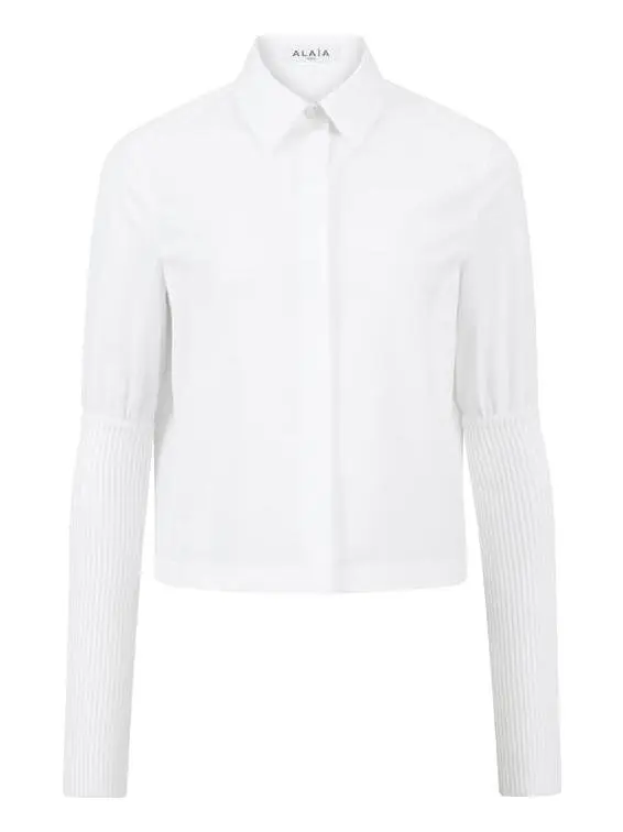 Alaïa Cotton Poplin Button-up Shirt With Ribbed Sleeves - Blanc