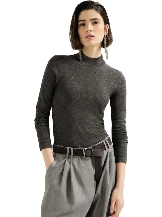 Brunello Cucinelli Sparkling Virgin Wool Mock Neck Long Sleeve T-shirt With Monili - Anthracite