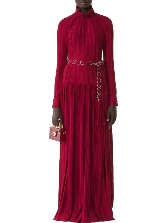 LANVIN Long Pleated Charmeuse Dress - Ruby
