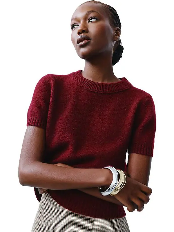 Maeve Mercer Cashmere Stretch Short Sleeve Sweater - Dark Wine