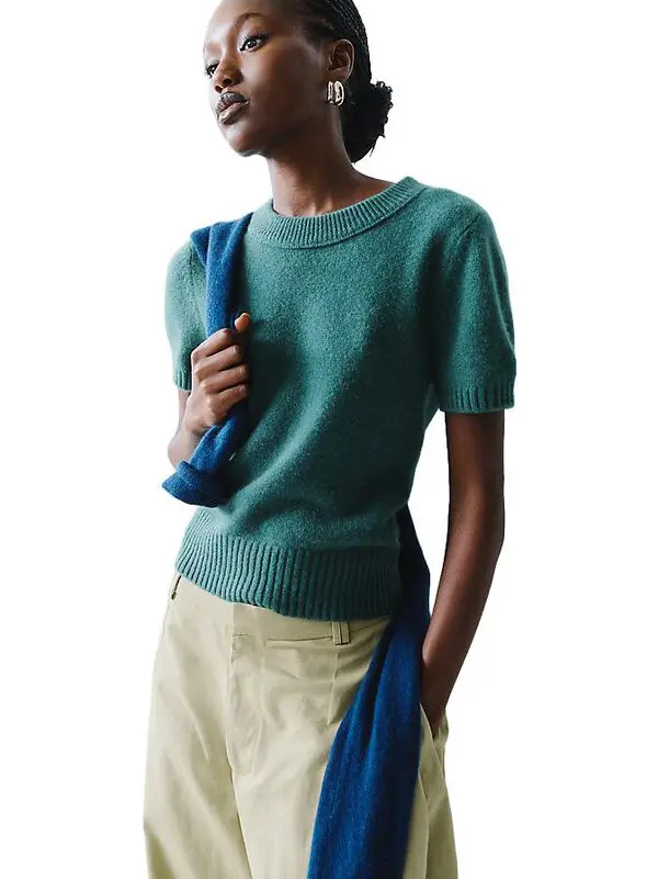 Maeve Mercer Cashmere Stretch Short Sleeve Sweater - Forest Green
