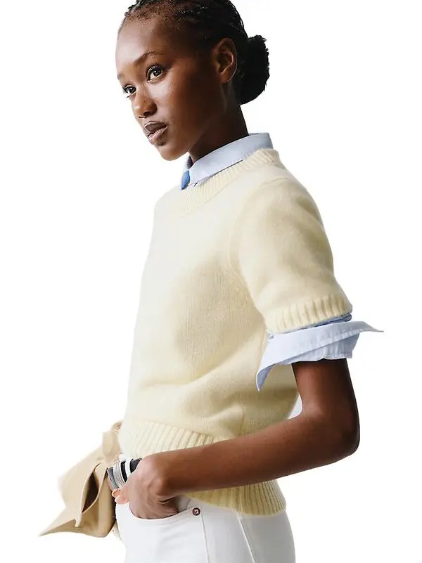 Maeve Mercer Cashmere Stretch Short Sleeve Sweater - Light Yellow