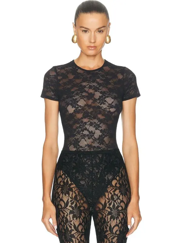 FLEUR DU MAL Le Stretch Lace Short Sleeve Bodysuit - Black