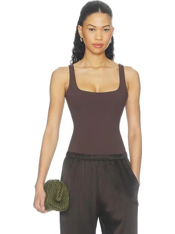 Susana Monaco Essential Low Back Tank Thong Back Bodysuit In Chocolate - Java