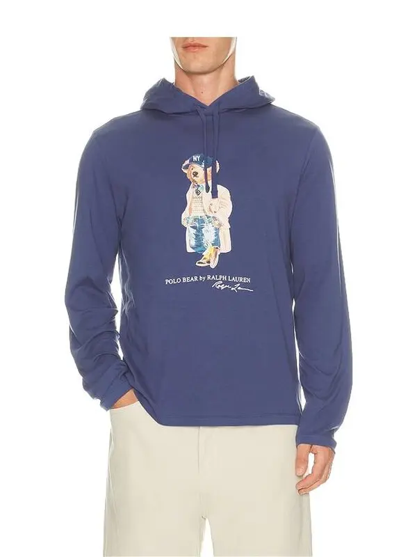 Polo Ralph Lauren Long Sleeve Jersey Knit Litchfield Bear Graphic T-shirt With Hood In Navy - Light Navy