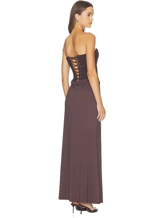 RUNAWAY THE LABEL Taleah Strapless Corset Maxi Dress In Brown - Espresso