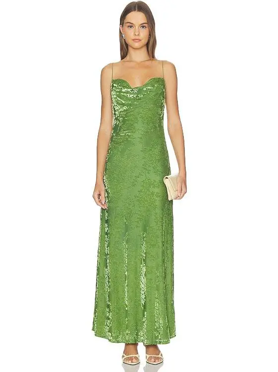 RUNAWAY THE LABEL Lyssa Cowl Cross Back Maxi Dress In Green - Palm