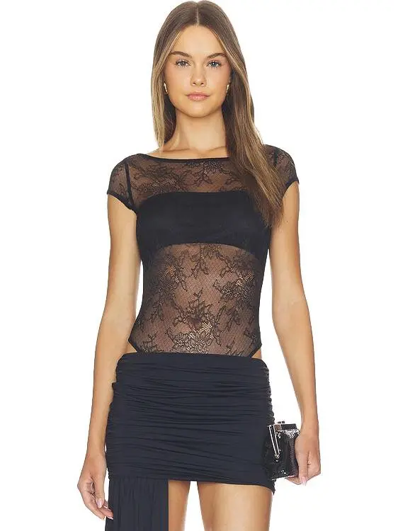 RUNAWAY THE LABEL Opaline Boat Neck Lace Bodysuit - Black