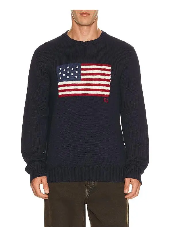 Polo Ralph Lauren Roving Cotton Usa Flag Crewneck Sweater In Navy - Hunter Navy