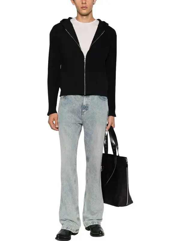 SUNFLOWER Ribbed-knit Zip-up Hoodie - Black