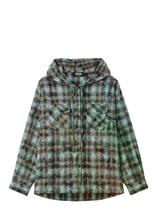 MINI CREAM Check-print Hooded Shirt - Blue