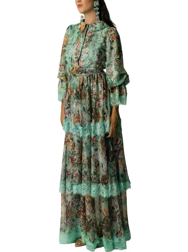 MIAU BY CLARA ROTESCU Nerine Floral-print Lace-trim Maxi Dress - Green