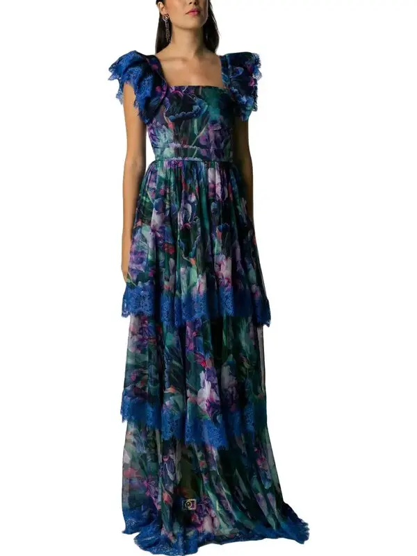 MIAU BY CLARA ROTESCU Celestine Floral-print Lace-trim Maxi Dress - Blue